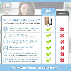 Heartland Home Ceramic Olive Oil and Vinegar Dispenser Set. Bottles, Kitchen Caddy, 3 Oil Pourer Spouts and Funnel! 21oz Glass Bottle Container. Salad Dressing or Cooking Oil Cruet (Black and White)