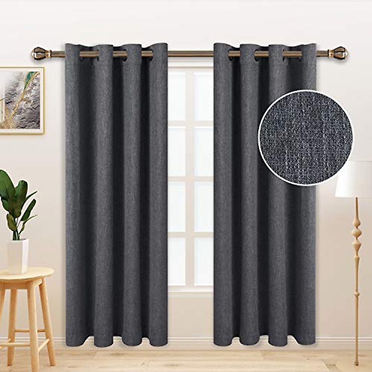LORDTEX Linen Look Textured Blackout Curtains with Thermal Insulated Liner - Heavy Thick Grommet Window Drapes for Bedroom, 50 x 63 Inches, Grey, Set of 2 Panels