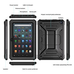 All-New Kindle Fire 7 Tablet Case (12th Gen, 2022 Release) - DJ&RPPQ Lightweight Armor Series Full Body Rugged Hands-Free Viewing Stand with Screen Protector for Amazon Fire 7 Kids Tablet - Black