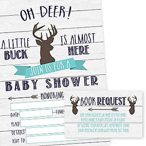 Hadley Designs Deer Baby Shower Invitation set-50 Invitations & 25 Book Request Inserts Include Sprinkle Invites for a Boy and Bring A Book Instead of A Card, Guest Book Alternative