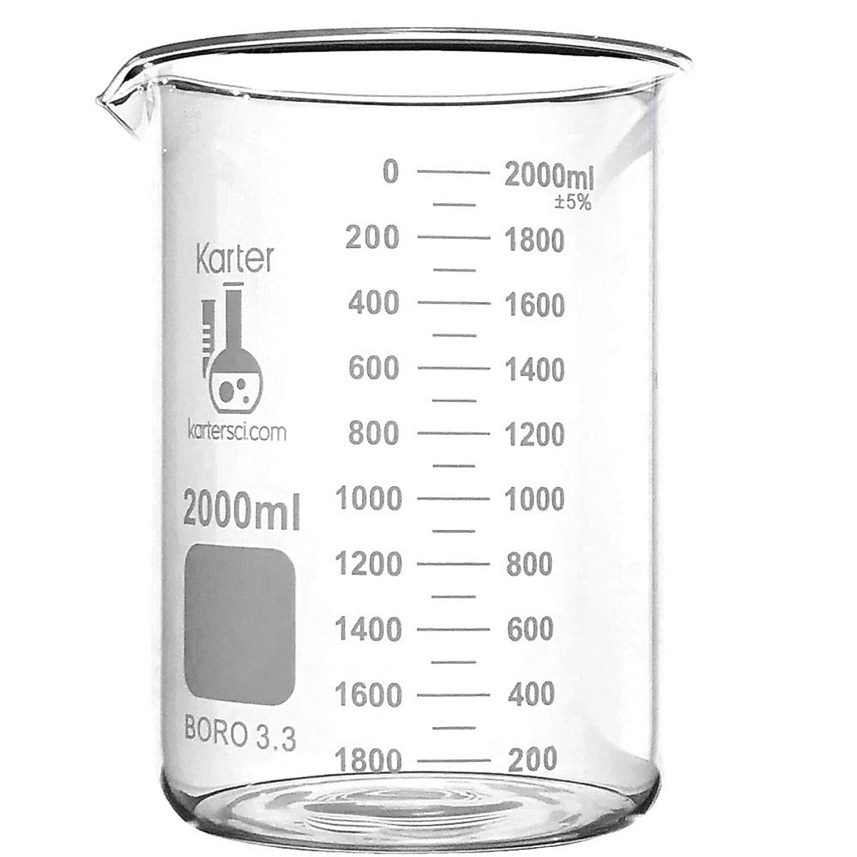 2000ml Beaker, Low Form Griffin, Borosilicate 3.3 Glass, Double Scale, Graduated, Karter Scientific 213D20 (Single)