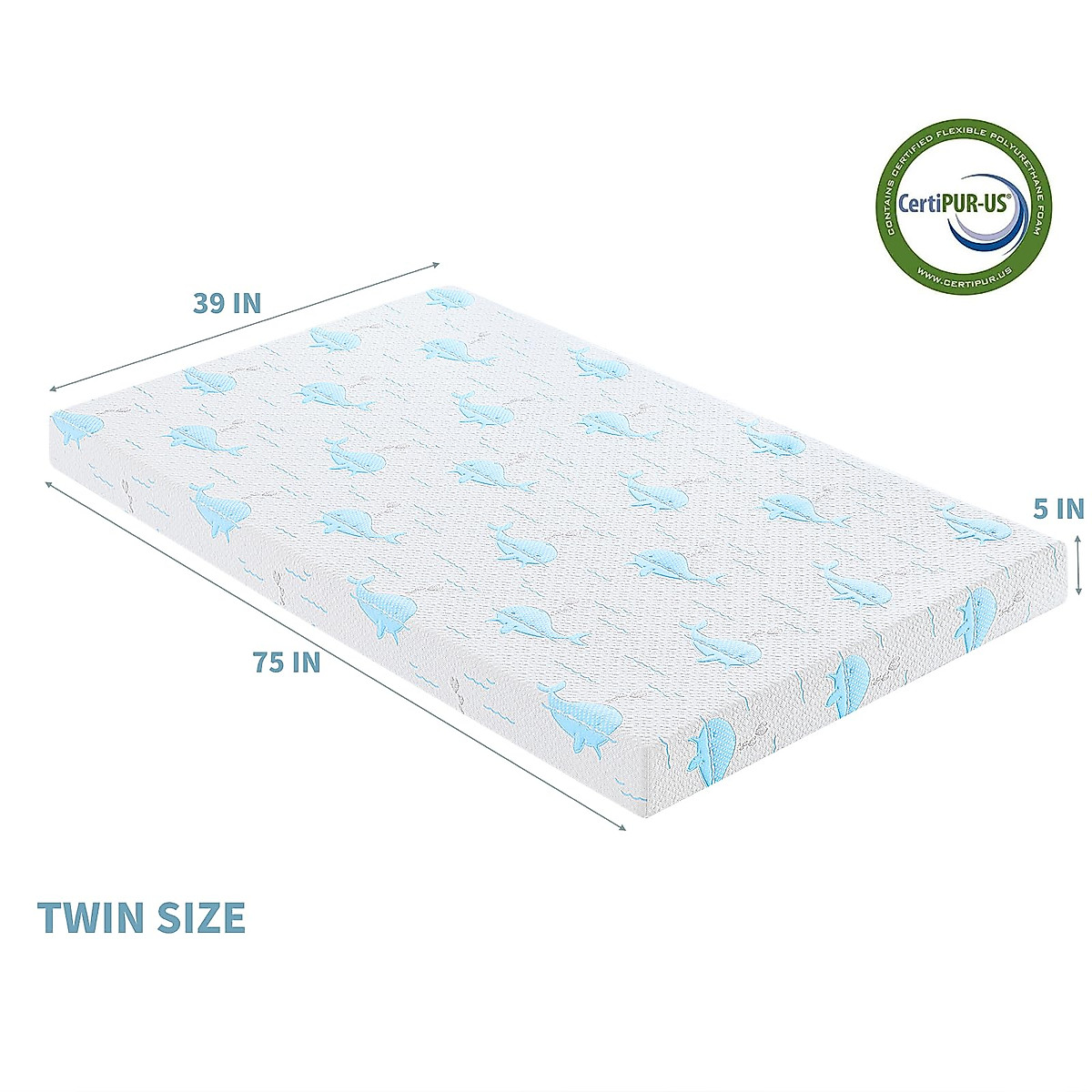OUUI 5 Inch Twin Mattress for Kids, Removable Washable Cover with Whales Pattern Cooling Memory Foam Medium Feel, Bed-in-a-Box, CertiPUR-US Certified, Twin, White/Blue