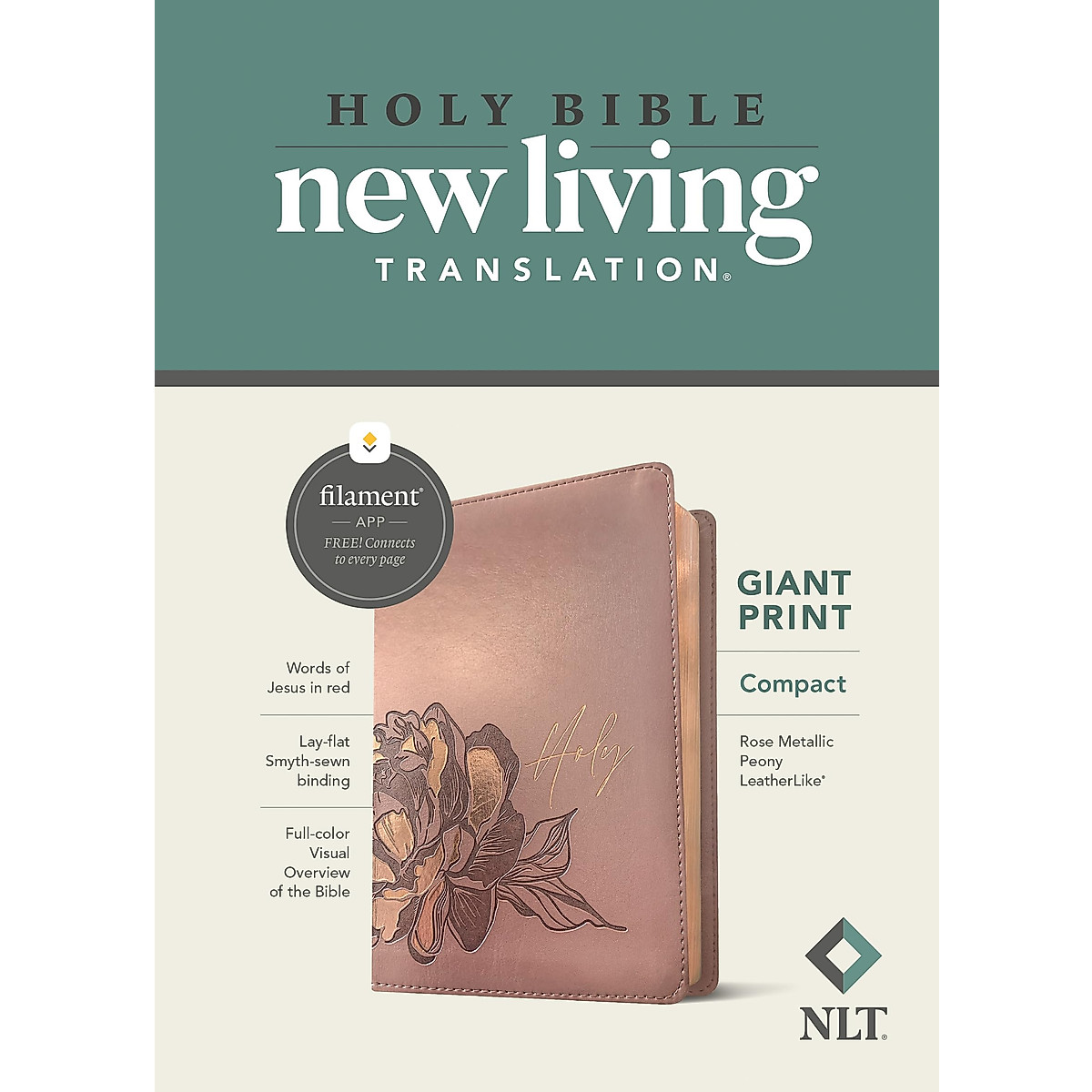 NLT Compact Giant Print Bible, Filament-Enabled Edition (LeatherLike, Rose Metallic Peony, Red Letter)