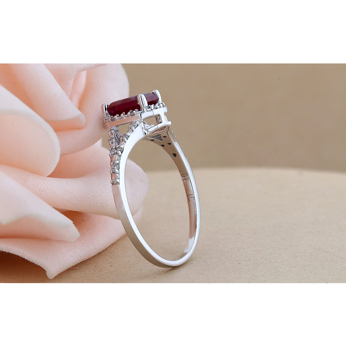 Dazzlingrock Collection 7x5mm Emerald Shape Lab Created Ruby & White Diamond Split Shank Engagement Ring for Women in 925 Sterling Silver Size 7