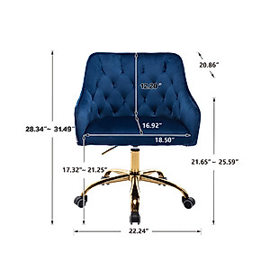 Warmiehomy Velvet Desk Chair with Wheels, Gold Base Office Chair Adjustable Ergonomic Computer Chair Tufted Back Swivel Vanity Chair for Office Living Room Bedroom,Navy