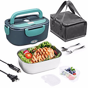 Electric Lunch Box 60W Food Heater, 4 in 1 Portable Heated Lunch Box for Car Truck Work Adults, Leak Proof, Self Heating Lunch Box with 1.5L 304 SS Container, Fork & Spoon Carry Bag 110V/220V/12V/24V