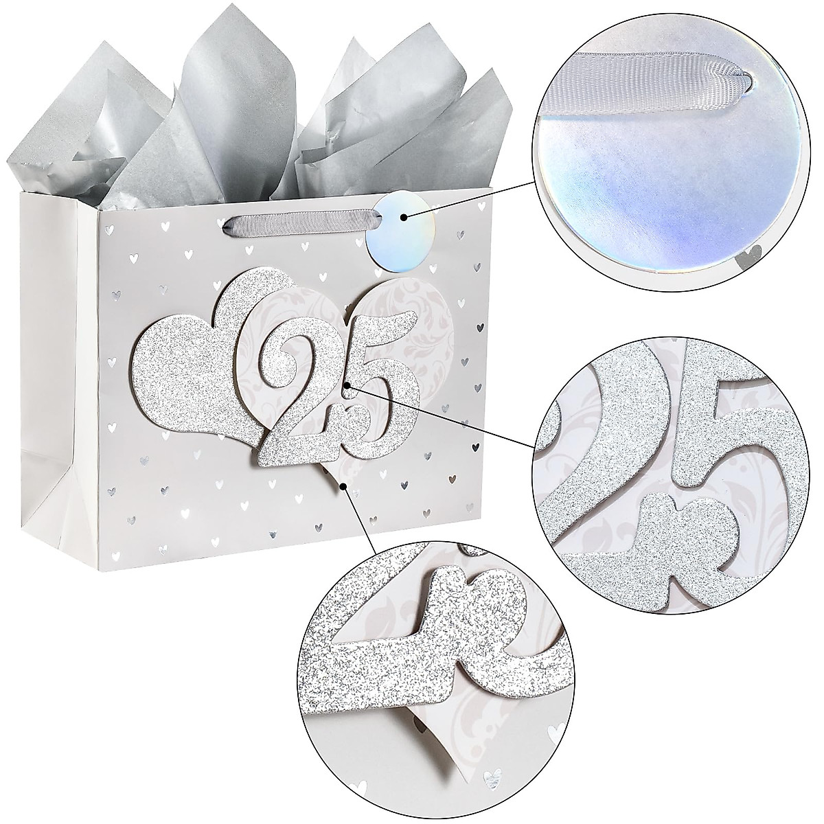 LeZakaa 13" Wedding Gift Bag, Silver Gift Bag with Tissue Paper, Gift Tag and Card - Number 25" with Heart 3D Paster for Silver Wedding Anniversary Celebrations