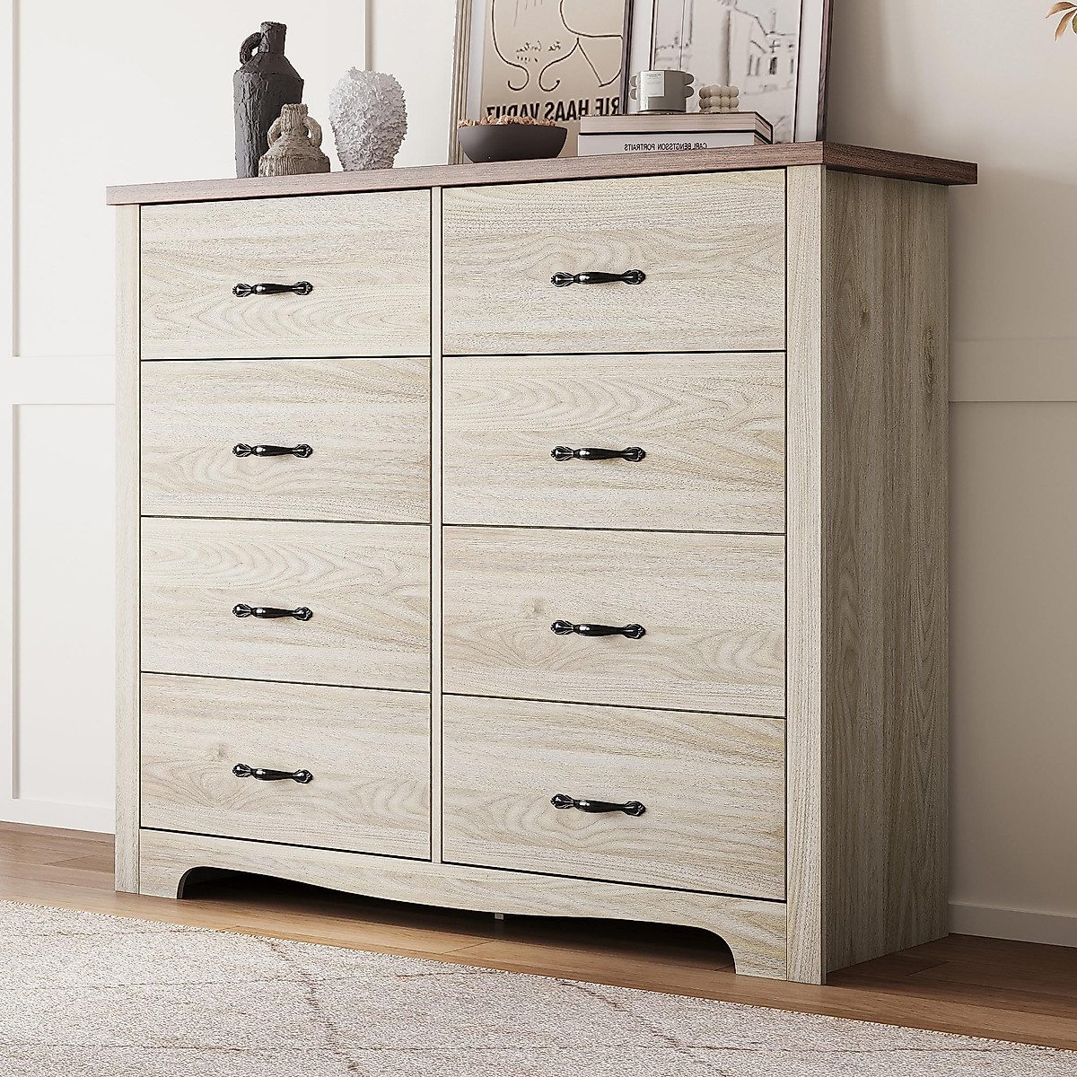 LINSY HOME 8 Drawer Double Dresser, Dresser for Bedroom, Farmhouse Dresser Chest with Wide Drawers, Wood Storage Chest of Drawers for Living Room