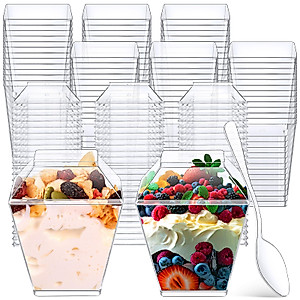 600 Pcs 3.4 oz Plastic Dessert Cups Parfait Cups with Lids and Spoons Mini Appetizer Cups Clear Square Disposable Cups Dessert for Pudding Fruit Ice Cream Wedding Baby Shower Birthday Decorations