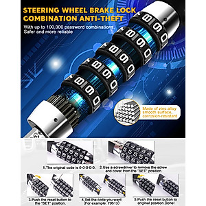 Tevlaphee Steering Wheel Lock Anti Theft Device Retractable Brake Pedal Lock Keyless Password 5 Coded Combination Anti Theft Car Security Device Heavy Duty Universal Fit for Vehicle Car Truck Van SUV