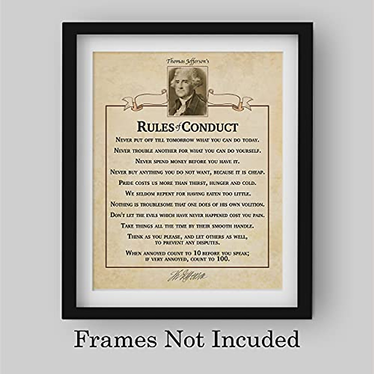 "Thomas Jefferson's Rules of Conduct"-Inspirational Wall Art Sign- 8 x 10"Motivational Quotes Poster Print w/Distressed Parchment Design-Ready to Frame. Perfect Home-Office-School-Library Decor!