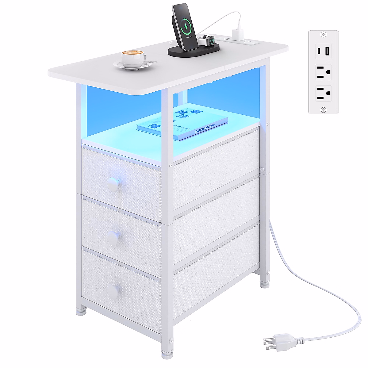 DALEMHOME End Table with Charging Station, Narrow Side Table with 3 Fabric Drawers, Skinny Nightstand with LED Light for Small Spaces, Bedroom, Living Room, White HKET1303WT