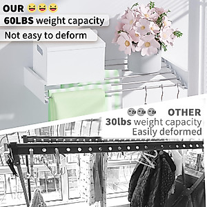 QIICMER Drying Rack Clothing，Wall Mounted Drying Rack，Collapsible Drying Racks for Laundry，Retractable Clothes Drying Rack， Laundry Space Saver Wall Mounted Rack，60 lb Capacity(White 31.5")