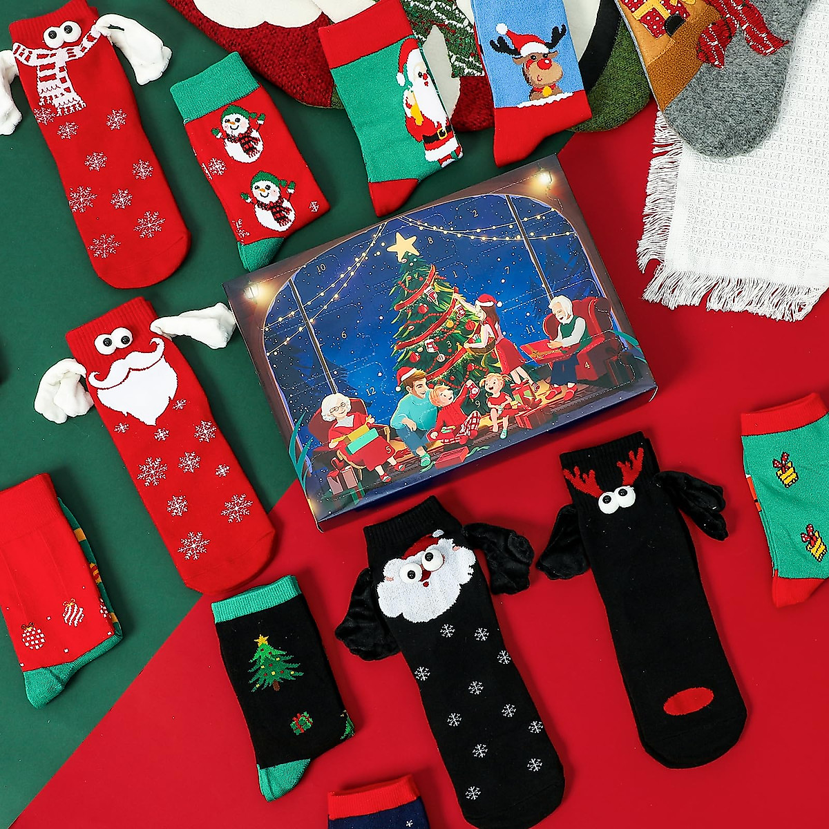 Loozykit Christmas Socks Advent Calendar 2024, 12 Days of Christmas Advent Calendar, Includes 4 Hand Holding Magnetic Socks and 8 Christmas Socks, Xmas Gifts for Adult Men Women
