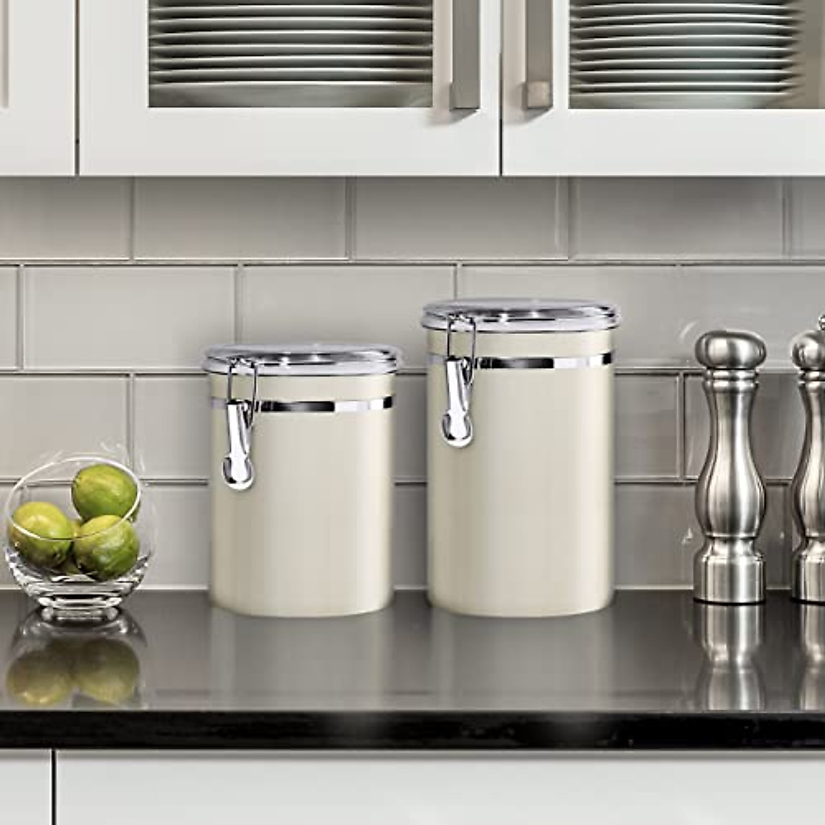 Oggi Stainless Steel Kitchen Canister 47 fl oz, Gray - Airtight Clamp Lid, Clear See-Thru Top - Ideal for Kitchen Storage, Food Storage, Pantry Storage. Large Size 5" x 6".