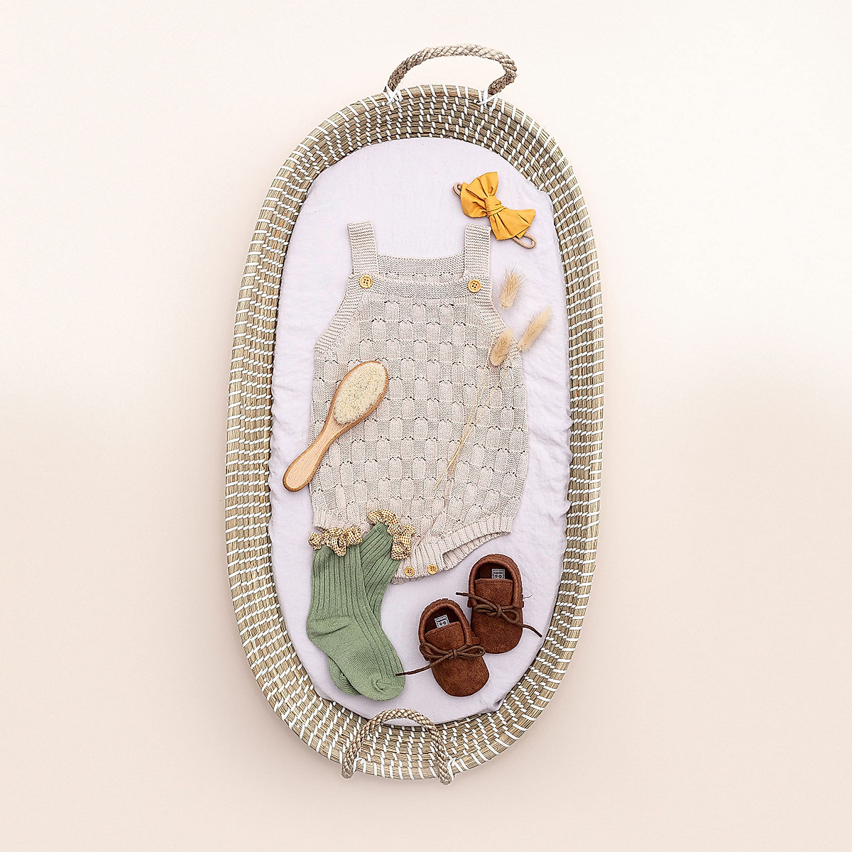 Baby Changing Basket with Pad - CPSC Safety Compliant - 100% Quilted Linen Cover Included - Nursery Changing Table Baskets - Baby Moses Basket Inspired - Diaper Changing Pad Set - 32”x16“x4“ (Linen)