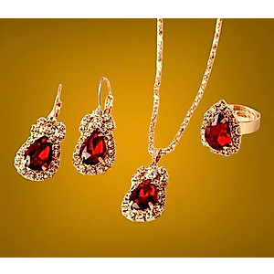 EONLINE Fashion Gemstone Claw Chain Diamond Necklace Earrings Ring Three Piece Jewelry Sets (Red Gemstone)