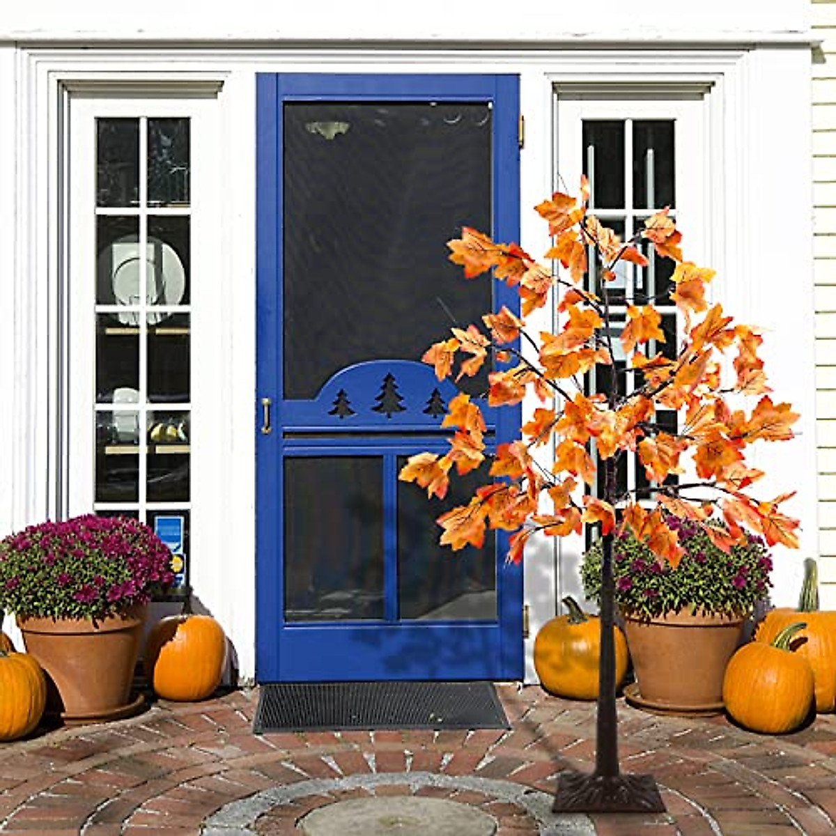 TURNMEON 4 Feet Prelit Maple Tree Fall Decorations Fall Tree Decor with Timer Pumpkin Lights 60 LED Warm Lights Acorn Brown Battery Box Thick Fall Tree Autumn Thanksgiving Indoor Outdoor Party