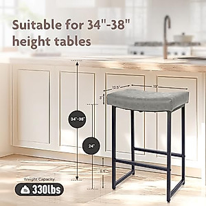 ALPHA HOME Bar Stools Backless Saddle Seat Barstools Modern PU Leather Cushion Counter Height Chairs Set of 2 for Kitchen Island, Dining Pub and Bistro, 24 Inches, Grey, 2PCS