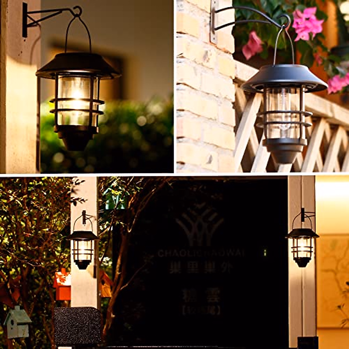 Solar Lantern Outdoor Lights,Hanging Solar Lights,Solar Lanterns Metal Waterproof Clear Glass & Hook Solar Outdoor Lights, Wall Lights Fixture Solar Garden Lights for Porch, Fence,Yard 2 Pack