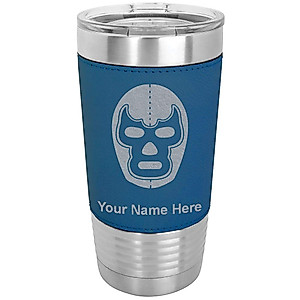 LaserGram 20oz Vacuum Insulated Tumbler Mug, Luchador Mask, Personalized Engraving Included (Faux Leather, Blue)