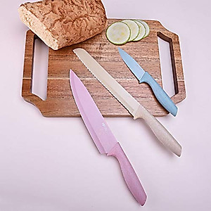 Colorful Knife Set for 6 Pieces, High Carbon Steel Kitchen Knife Set, Environmental Wheat Straw Material Handle, Sharp All-purpose Professional Chef Knife with Gift Box YIPFUNG