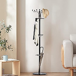 TNUEEIO 67" Metal Coat Rack Stand,Freestanding Swivel Coat Hanger Stand with Heavy Duty Marble Base and 16 Hooks，for Entryway, Home, Office, Coats, Jackets, Hat,Scarf (Black)