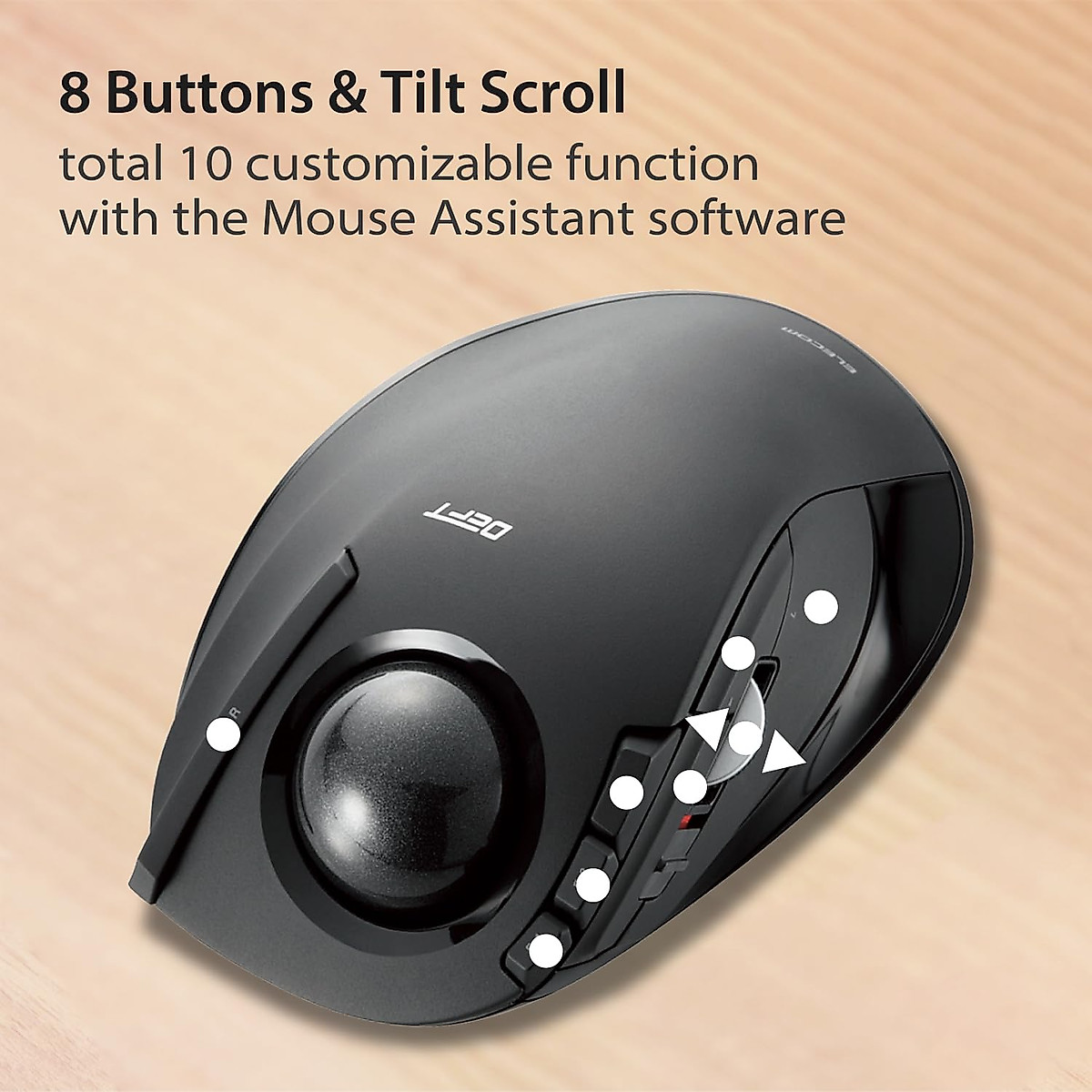ELECOM DEFT Trackball Mouse, 2.4GHz Wireless, Finger Control, 8-Button Function with Smooth Tracking, Ergonomic Design, Optical Gaming Sensor, Windows11, macOS (M-DT2DRBK)