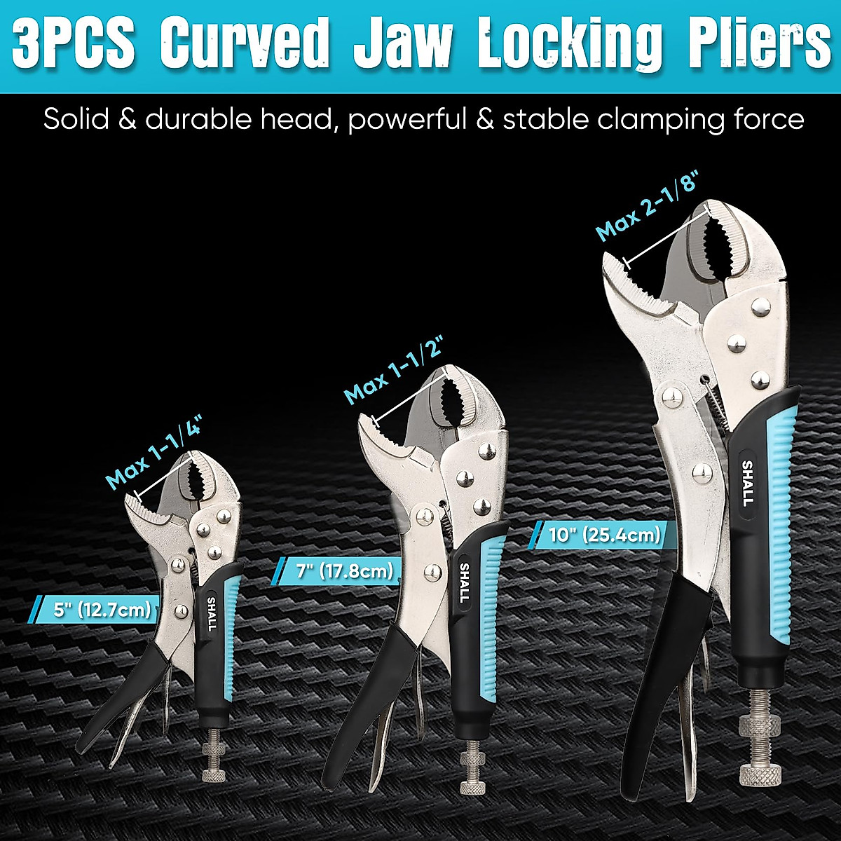 SHALL 6-Piece Locking Pliers, Vice Grips Pliers Set, 5",7" & 10" Curved Jaw Locking Pliers, 6-1/2" & 9-1/2 Long Nose Locking Pliers, 6" Locking C-Clamp, Two-Color TPR Handle, Roll Up Pouch Included