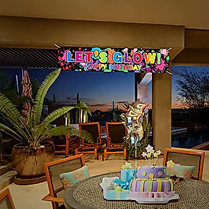Glow Neon Birthday Party Decorations Supplies, Lets Glow & Happy Birthday Banner Yard Sign Supplies, Glow Theme Party Decor Photo Booth Props for Indoor Outdoor