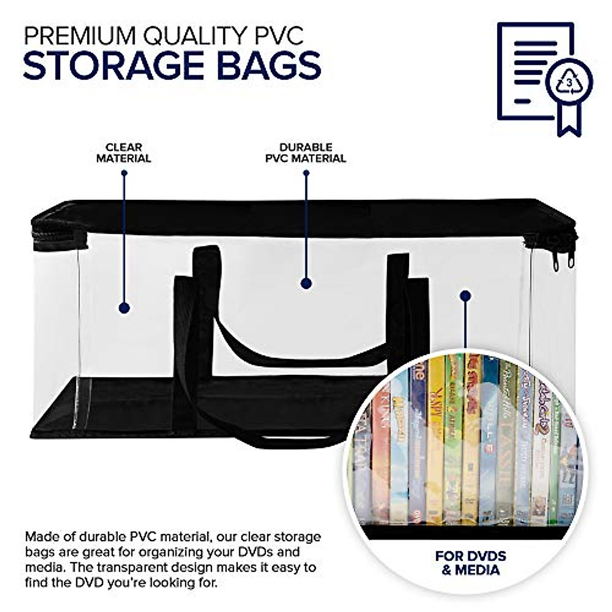 Stock Your Home DVD Storage Bags (Set of 6) Media Organizer Bag for DVDs, CDs, Blu Ray Disc, Movie Cases, VHS Box, Video Game Disks, Clear Plastic Holders with Carrying Handles and Zipper - Black