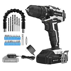 Bielmeier 20V MAX Cordless Electric Drill Set with LED Light - Electric Drill, Variable Speed, 64+1 Position, 3/8" Keyless Chuck, Flex Shaft, 28pcs Drill Bits, Battery & Charger Included