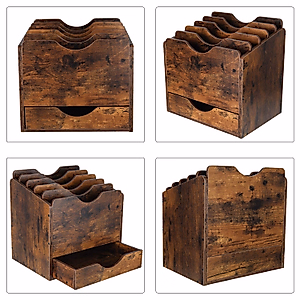 PAG Wood Desktop File Holder Organizer Mail Sorter with Drawer, for File Folders, Mails, Envelopes, Mailing Supplies or Magazines, 6 Compartments, Antique Brown