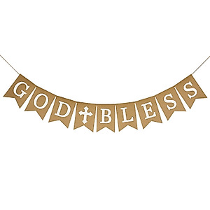 Shimmer Anna Shine Burlap God Bless Banner for Baby Girl Boy Baptism Decorations Christening First Communion Confirmation Baby Shower Wedding Birthday Party Photo Props (White Print)