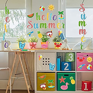 46 Pcs Hello Summer Cutouts Summer Bulletin Board Set Hawaii Ice Cream Watermelon Palm Tree DIY Paper Cutouts Wall Decals Beach Party Decorations for Classroom Kindergarten Party Supplies