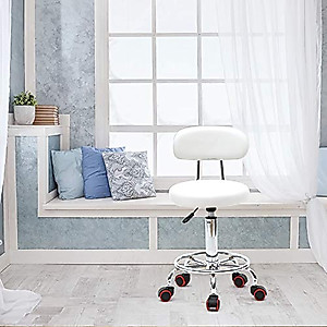 SSLine Rolling Salon Stool White Leather Adjustable Tattoo Stools on Wheels Hydraulic Swivel Office Drafting Chair with Back Modern Comfortable Dental Chairs Kitchen Bar Chairs