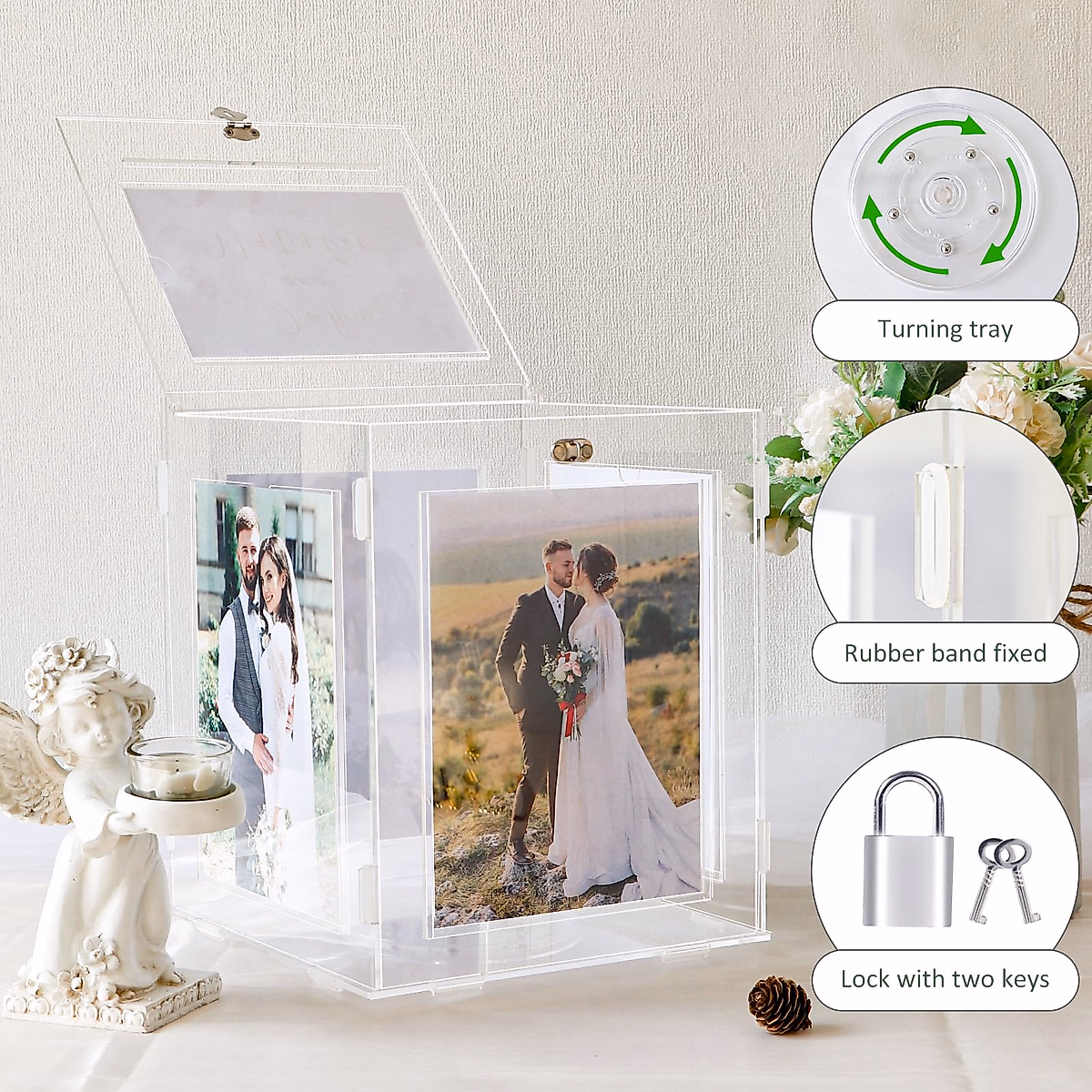 CYAOOI Acrylic Wedding Card Box with Picture Frame, Clear Gift Card Box for Wedding Reception, Large Rotatable Money Envelope Card Box Holder with Lock for Graduation Party Birthday Baby Shower