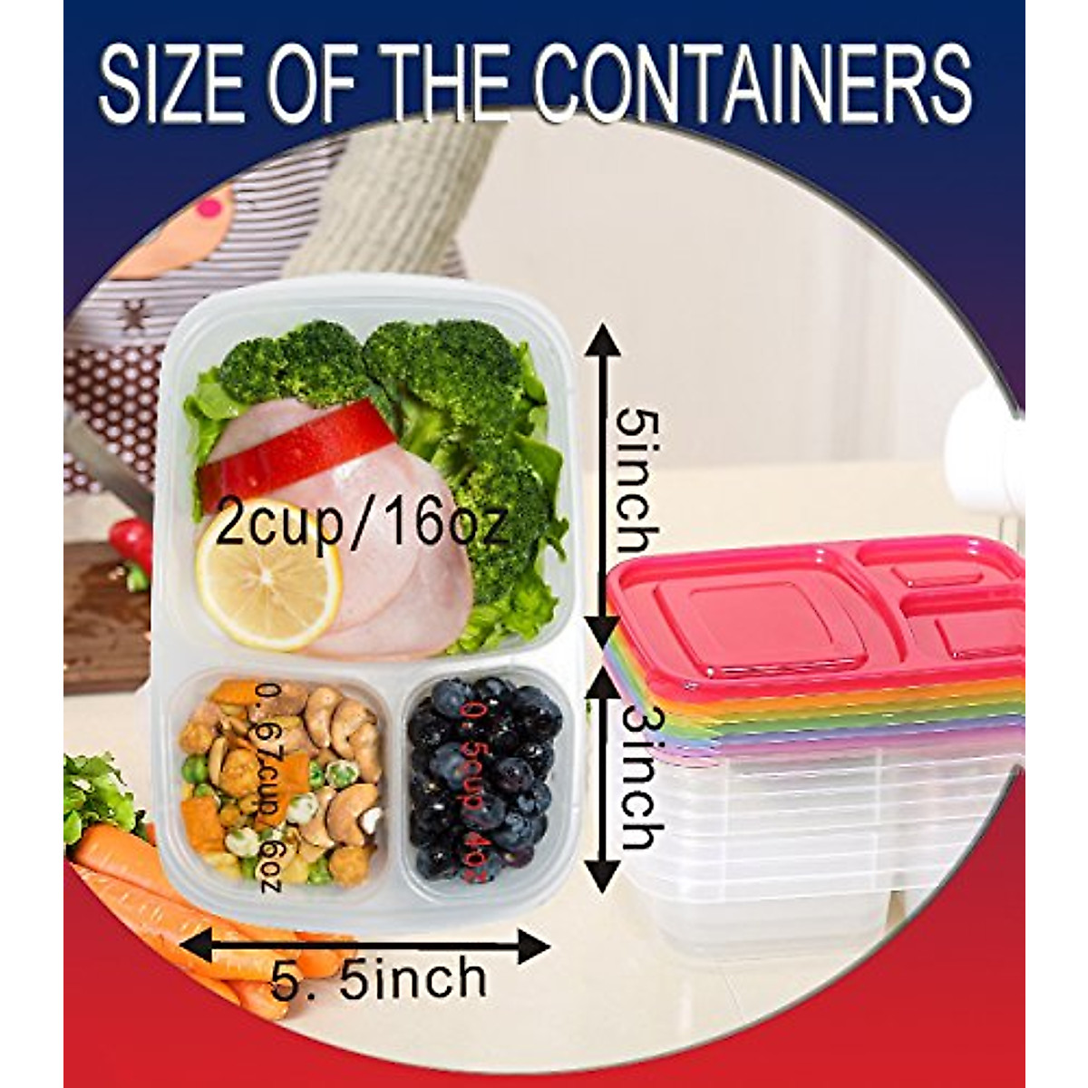 Meal Prep Containers 7-16 Pack Bento Lunch Boxes - 3 Compartment Food Storage Container with Lids (Colorful, 7-3)