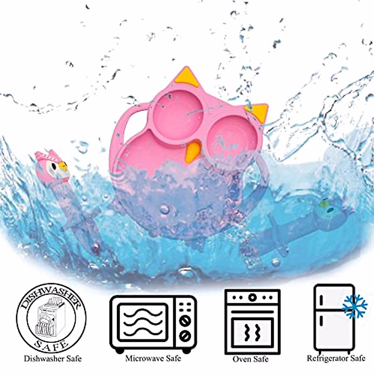 KAVONOI Baby Toddler Silicone Suction Plate with Spoon&Fork And Adjustable Bib Set,Silicone Baby Feeding Utensils Set，Baby Toddler Led Weaning Supplies Set-Pink Owl Set