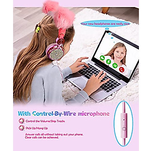 SVYHUOK Pompoms Pink Unicorn Wired Headphones,Cute Cat Ear Kids Game Headset for Girls Teens Tablet Laptop PC,Over Ear Children Headset withMic,for School Birthday Xmas Gifts