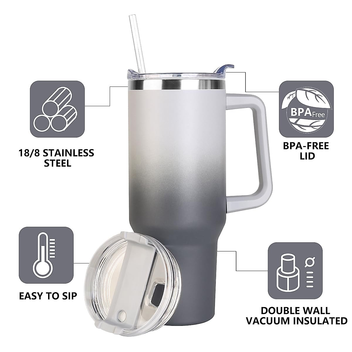 SYACOT 40 oz Tumbler with Handle and Straw Stainless Steel Insulated Tumbler Leak Proof Lid and Straw Lid Reusable Travel Mug Coffee Mug Cup Dishwasher Safe Keep Drinks Cold and Hot (Grey&Black)