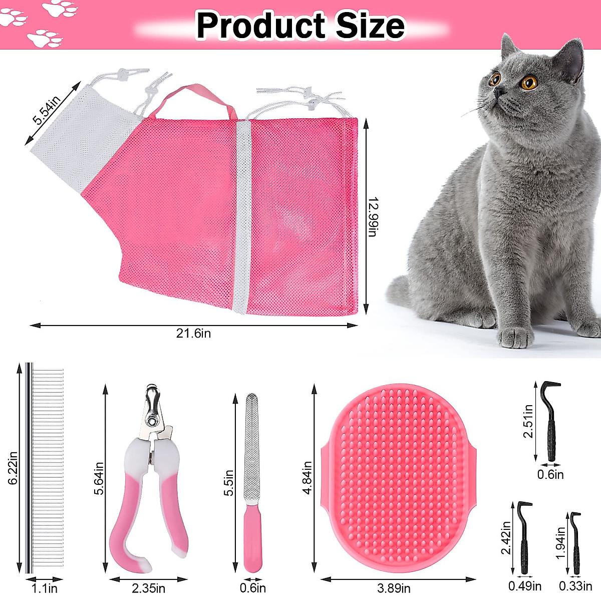 JULMELON Cat Washing Bag 10 PCS Set, Adjustable Cat Shower Net Bag and Pet Grooming Brush with Nail Clipper Nail File Hair Combs Tick Tool Nail Caps for Bathing Nail Trimming Examination(Pink+Grey)