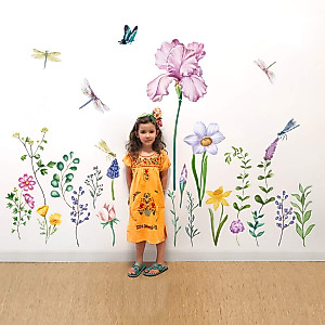 decalmile Garden Flower Wall Decals Narcissus Iris Floral Dragonfly Wall Stickers Bedroom Living Room TV Wall Home Decor