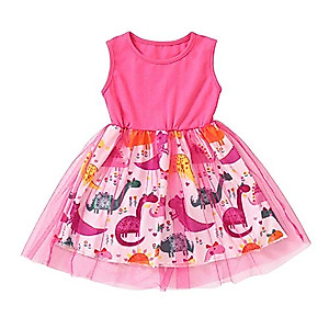 Girls Dress Skirt Toddler Kids Baby Girls Sleeveless Patchwork Dinosaur Party Tulle Princess Dress,for Kids Festival Birthday Gifts(Pink,3-4 Years)