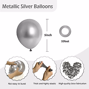 FOTIOMRG 120pcs 5 inch Metallic Silver Balloons, Small Chrome Silver Latex Party Balloons Helium Quality for Birthday Graduation Baby Shower Disco Wedding Party Decorations (with Silver Ribbon)