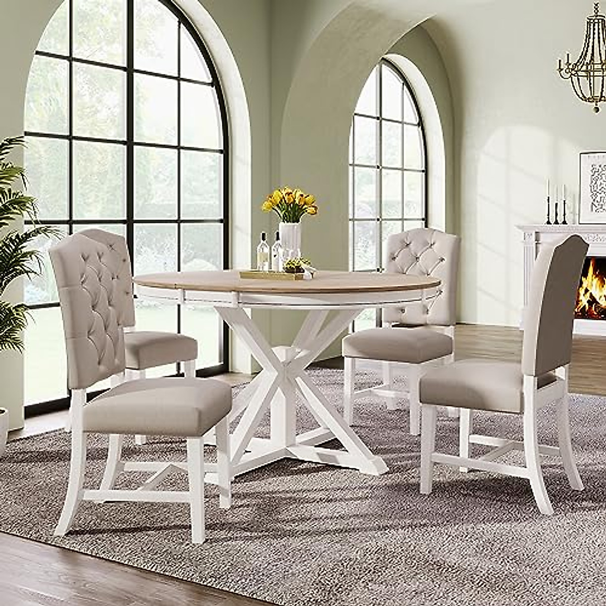 Dinehome 5-Piece Retro Style Extendable Round Dining Table Set with 4 Upholstered Chairs, Oak Natural Wood + Off White