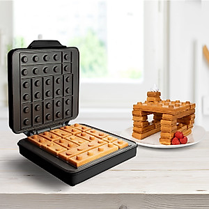 Building Brick Electric Waffle Maker - BLACK with 2 Construction Eating Plates - Cook Fun, Buildable Waffles in Minutes - Revolutionize Breakfast - Stack & Build on Serving Dishes, Great Gift