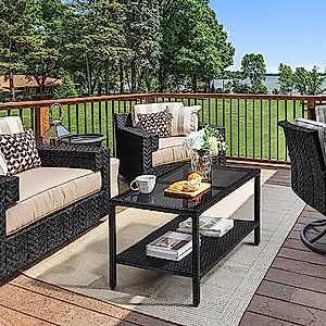 Yaheetech Outdoor Wicker Coffee Table Storage Table, All-Weather Rattan Side Table with Tempered Glass Top, Patio Furniture Garden Coffee Table