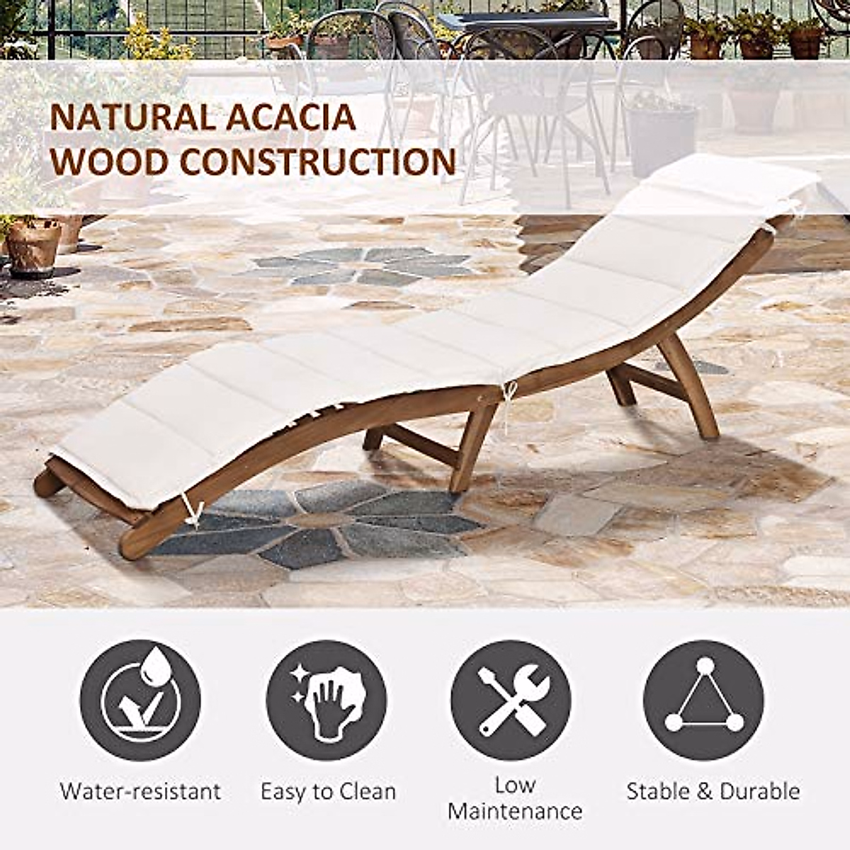 Outsunny Outdoor Chaise Lounge, Acacia Wood Folding Sun Lounger Chair with Cushion Pad for Patio, Garden, Lawn, Backyard, Cream White