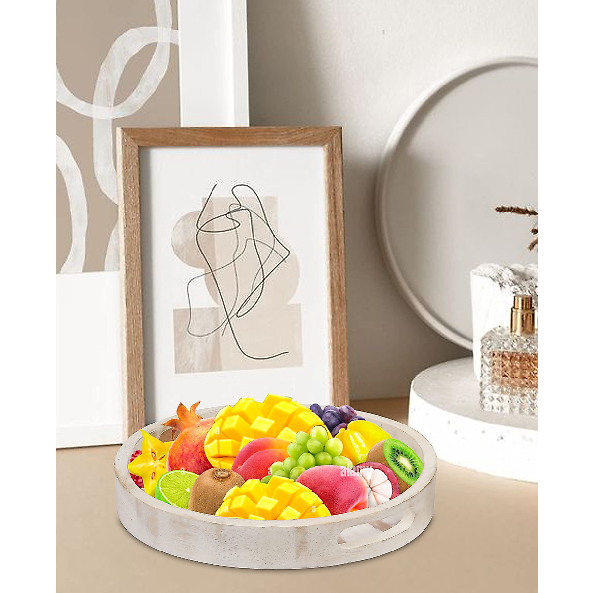 Wooden Serving Tray, Round Wood Tray with Handles, Antique White Decorative Tray for Ottoman, Kitchen/Coffee Table, Set of 2